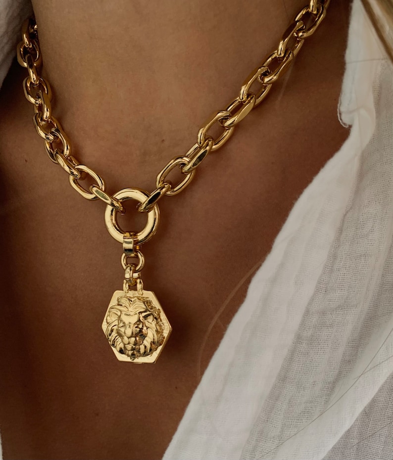 Lion Necklace , Statement Toggle Clasp Necklace, Statement Gold Link ...