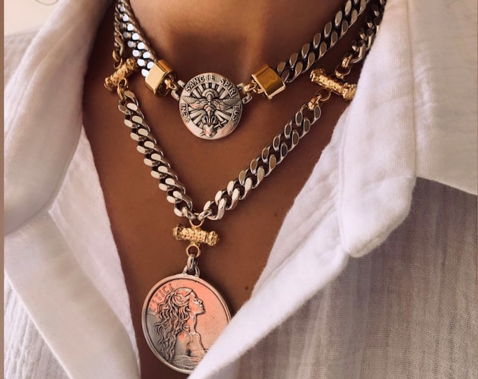 Mixed Metals Necklace , Coin Collar, Medallion Necklace,chunky Choker ...