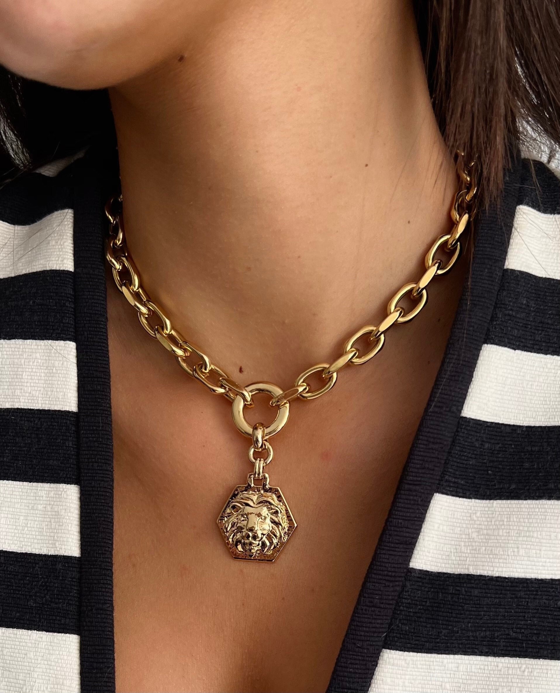 Lion Necklace , Statement Toggle Clasp Necklace, Statement Gold Link ...