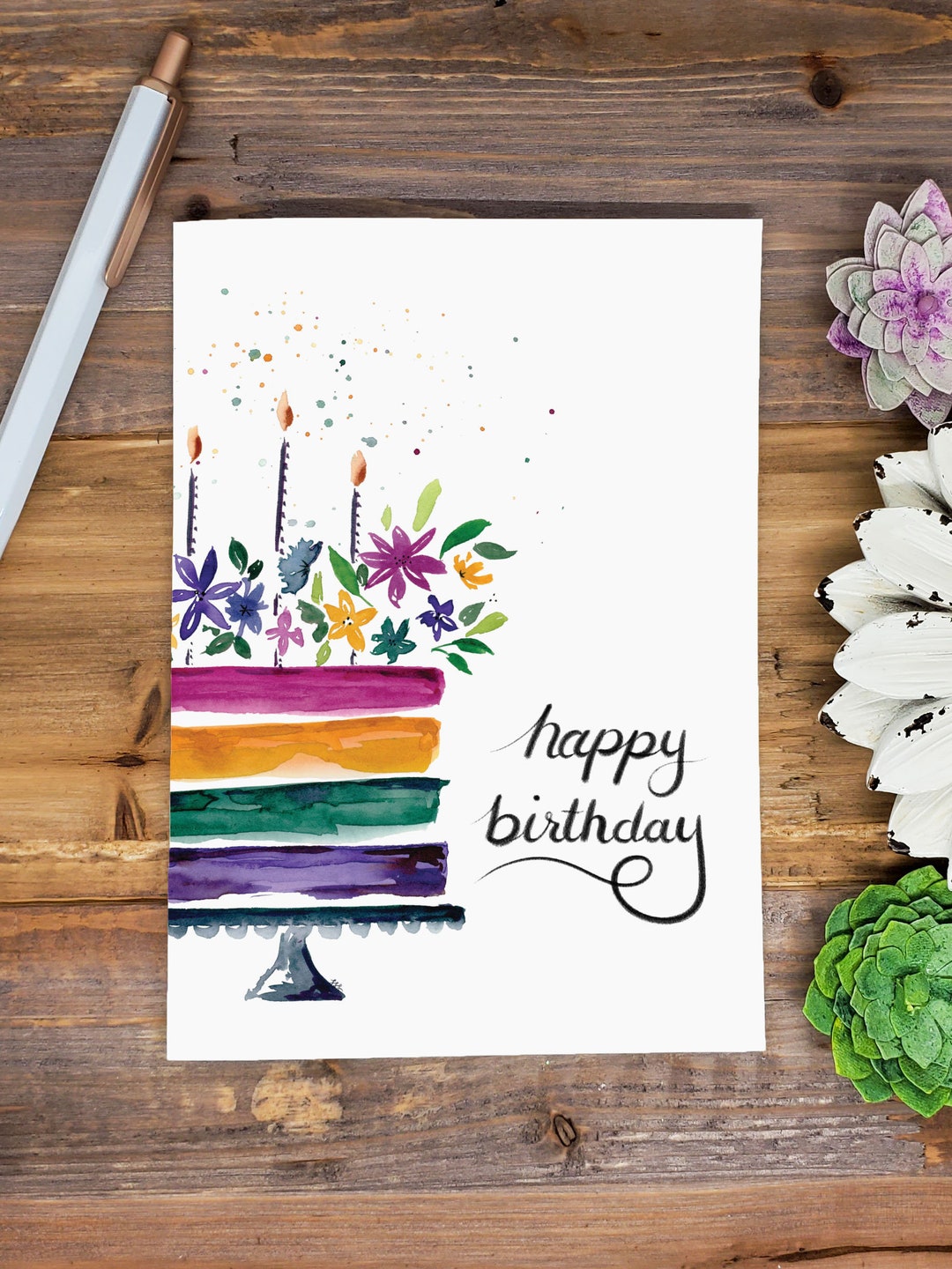 Floral Layered Cake Greeting Card | Birthday Dessert Gift A7 Blank Card ...