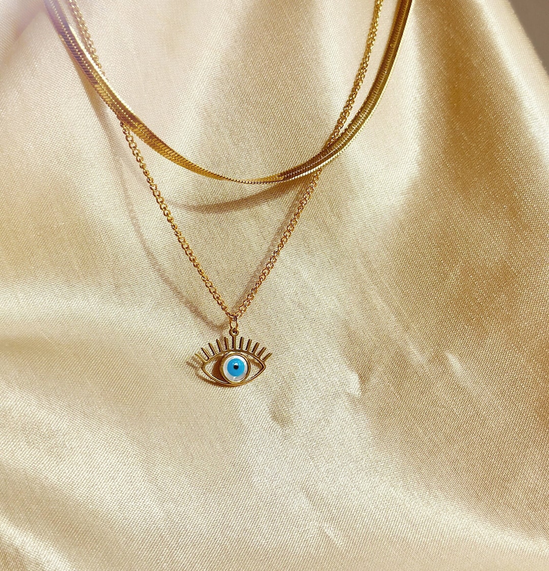 Gold Plated Evil Eye Necklace Evil Eye Layered Necklace Protection Necklace Gold Evil Eye ...
