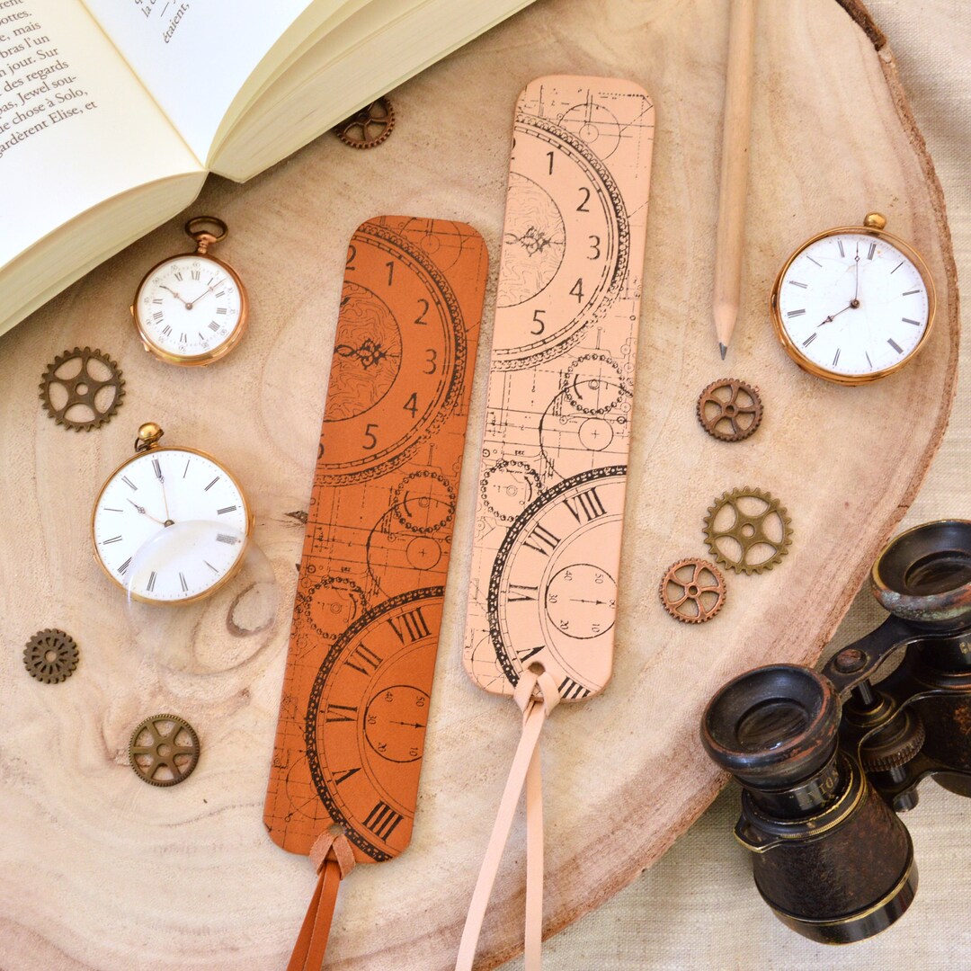 Bookmark in Natural Brown Leather Printed With Clocks Gears Time ...
