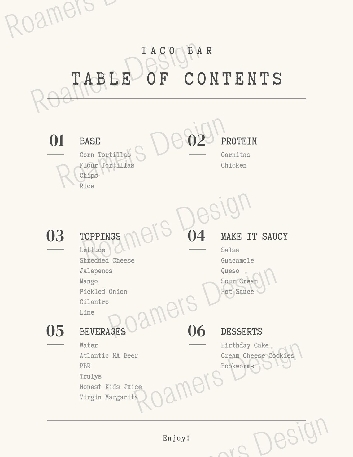 Table of Contents Taco Bar Menu | Book Club Menu | Table of Contents ...