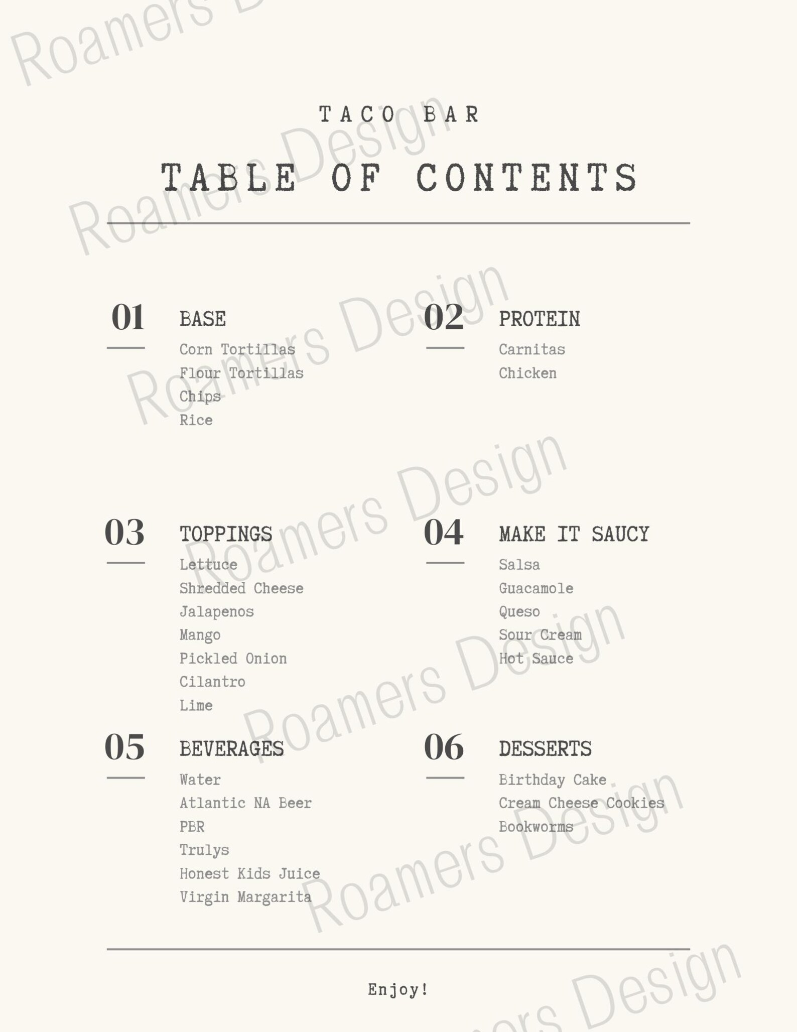 Table of Contents Taco Bar Menu | Book Club Menu | Table of Contents ...