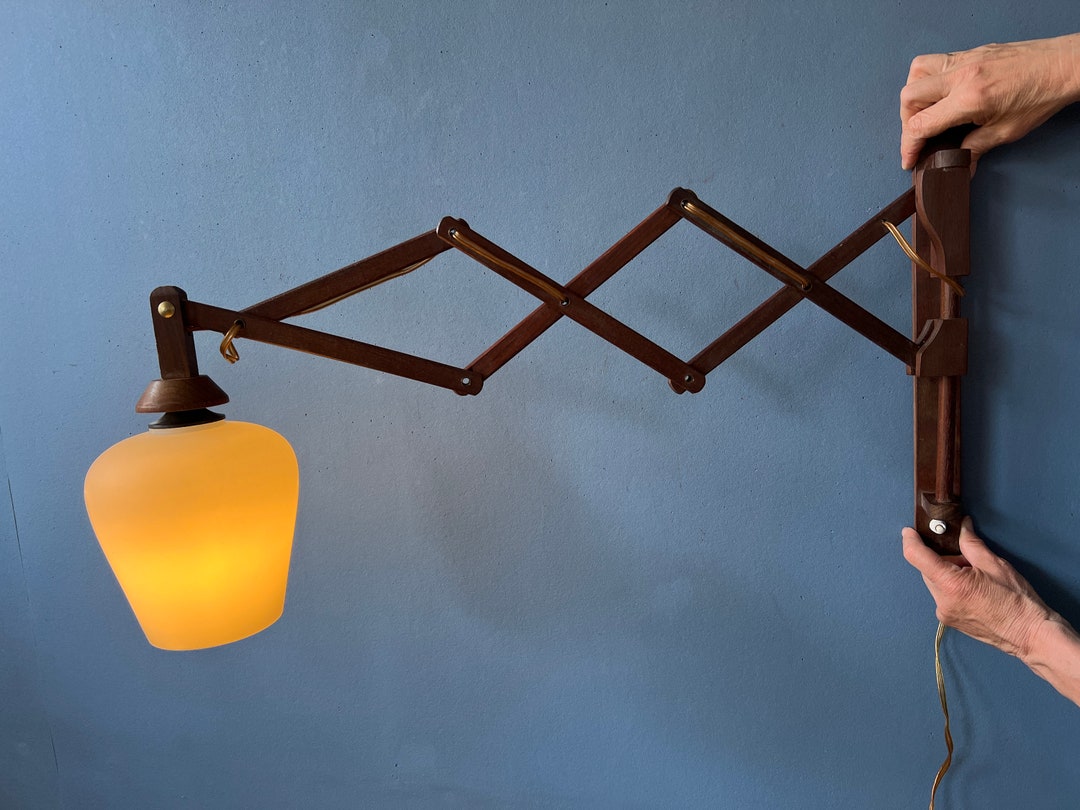 Mid Century Scissor Wall Lamp With Opaline Glass Shade Vintage Wooden ...