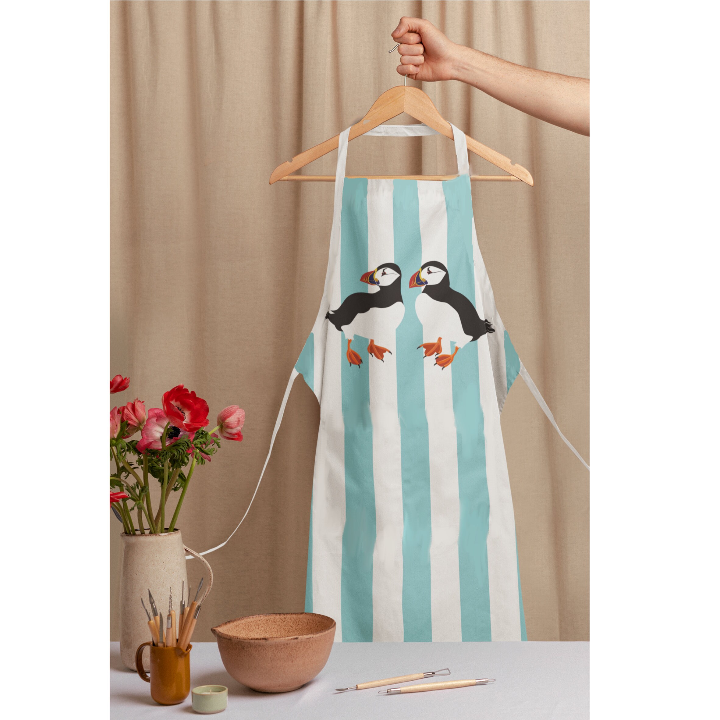 Puffin Apron, Cornish Apron, Sea Birds, Atlantic Puffins, Blue Stripe ...