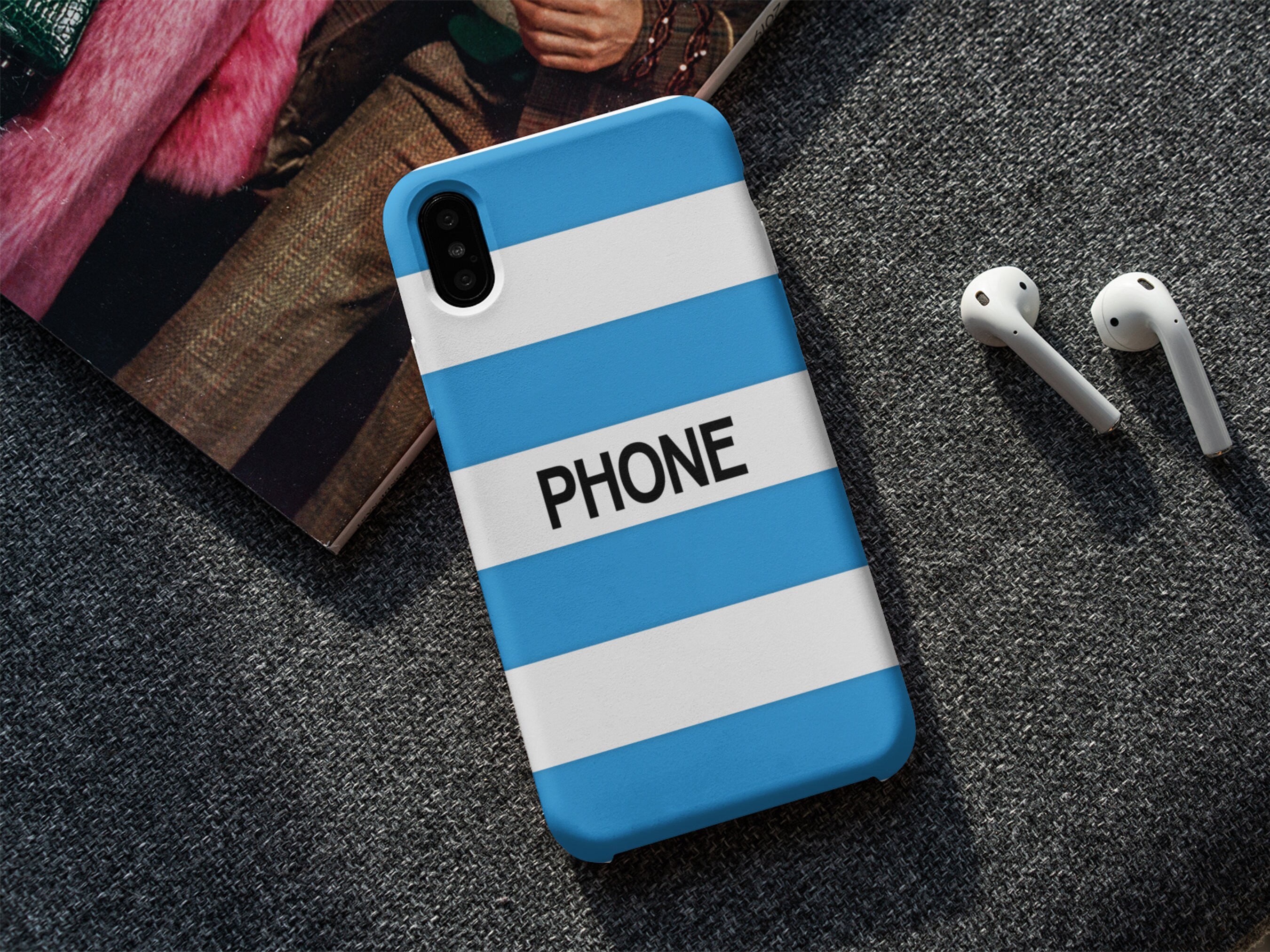 Cornishware Inspired Phone Case, Blue and White Stripes, Labelled With ...