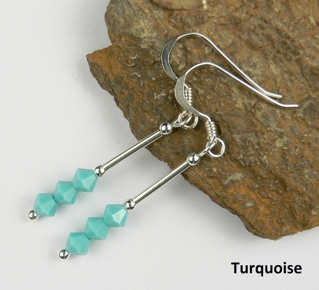 Sterling Silver & 4mm Turquoise Bicone Preciosa Crystal Drop Earrings ...