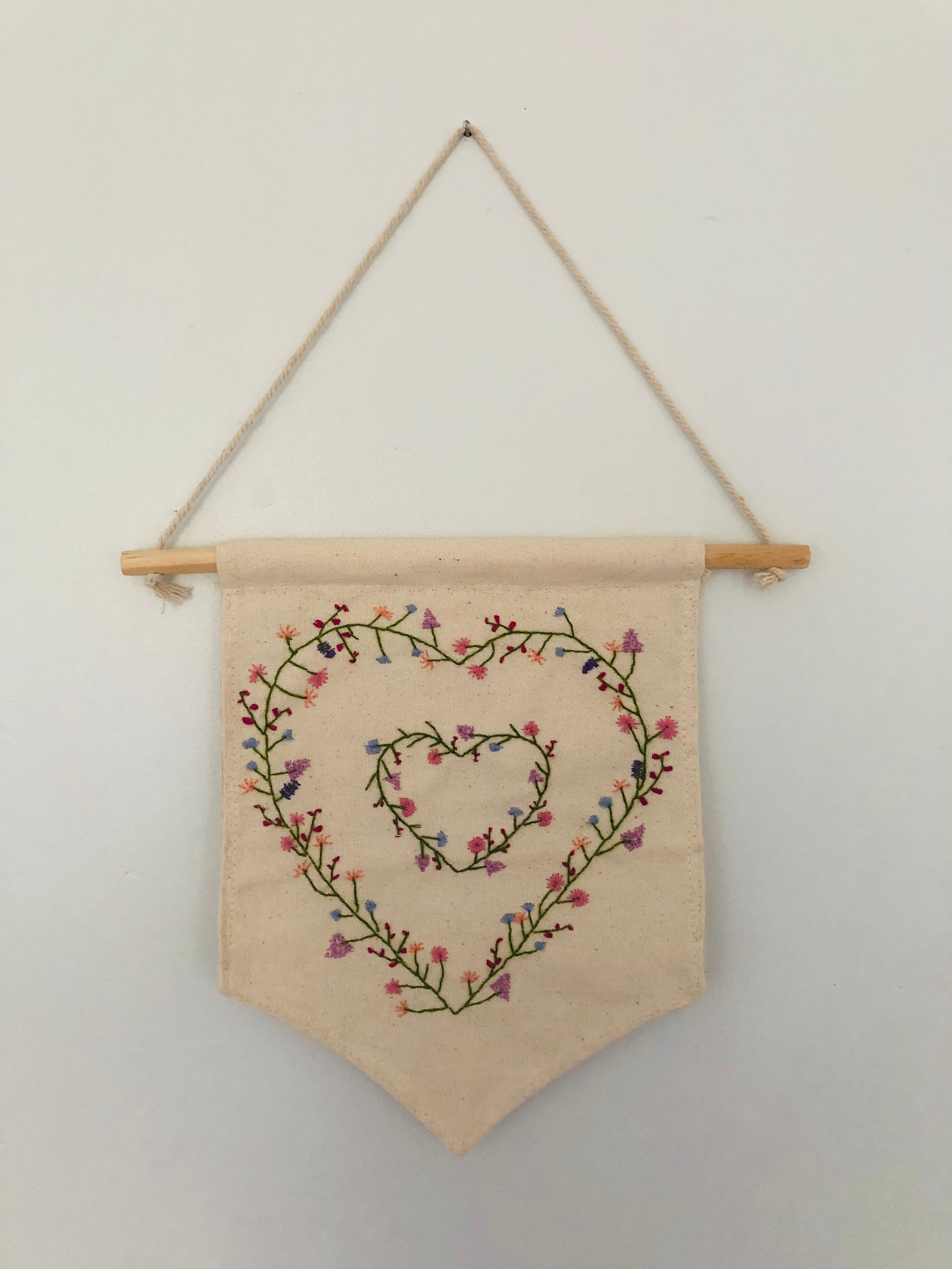 Hand Embroidered Canvas Banner Flower Hearts - Etsy