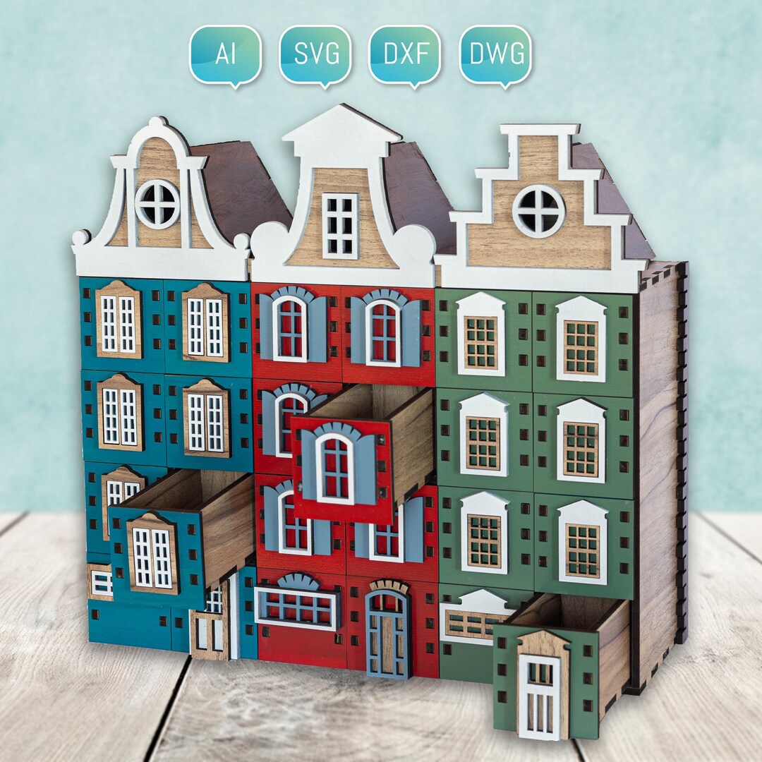 Advent Calendar Laser Cut File Amsterdam Houses 3D Glowforge SVG DXF ...