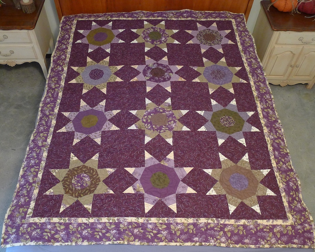 Kaleidoscope Lemoyne Lemon Star Quilt Purple Cream & Green Cotton ...