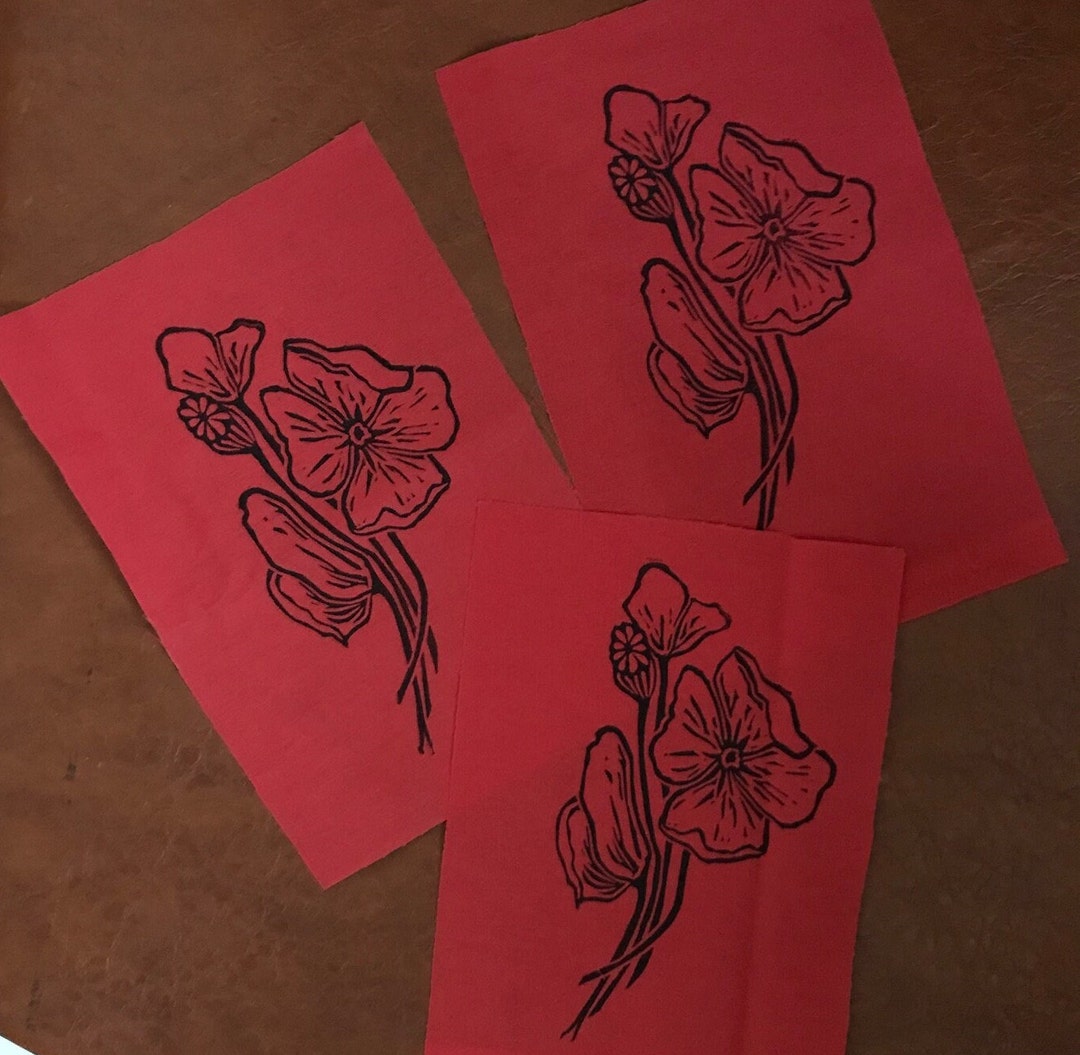 Poppy Flower Patches, Upcycled Polyester, Block Printed Patches for ...