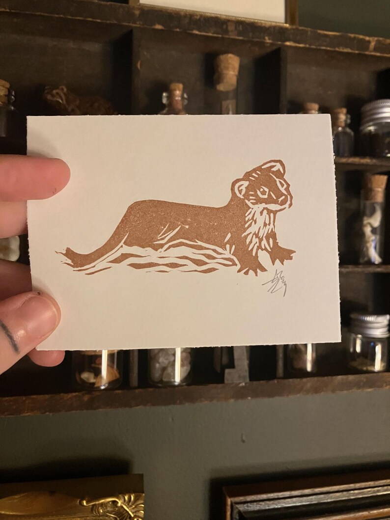 Tiny Stoat, 3x4 Block Print Unframed, Signed, Tiny Art Animals Weasel ...