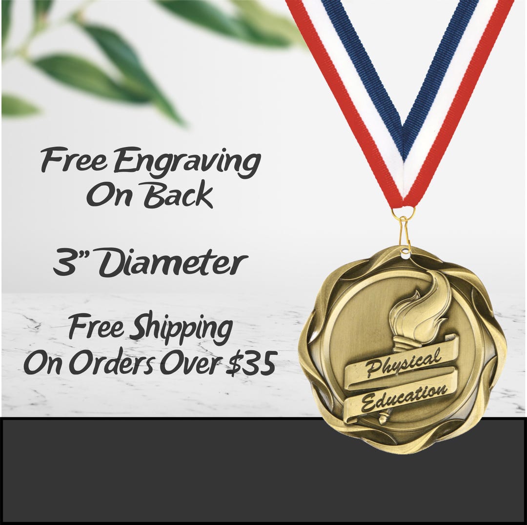 3" Custom Engraved Physical Education Medal W/ Ribbon - Gold or Silver ...