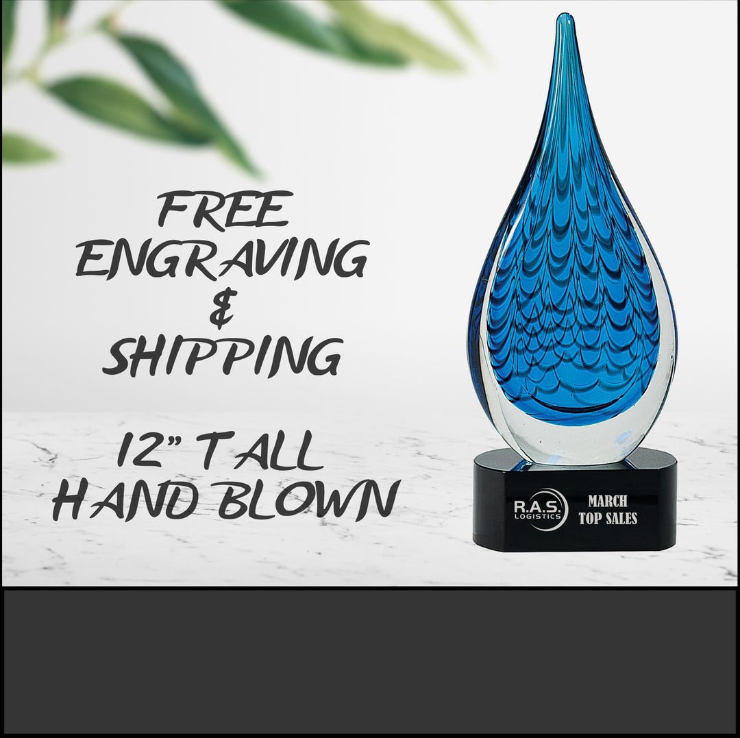 12.5" Hand Blown Blue Raindrop Art Glass Sculpture - Personalized ...