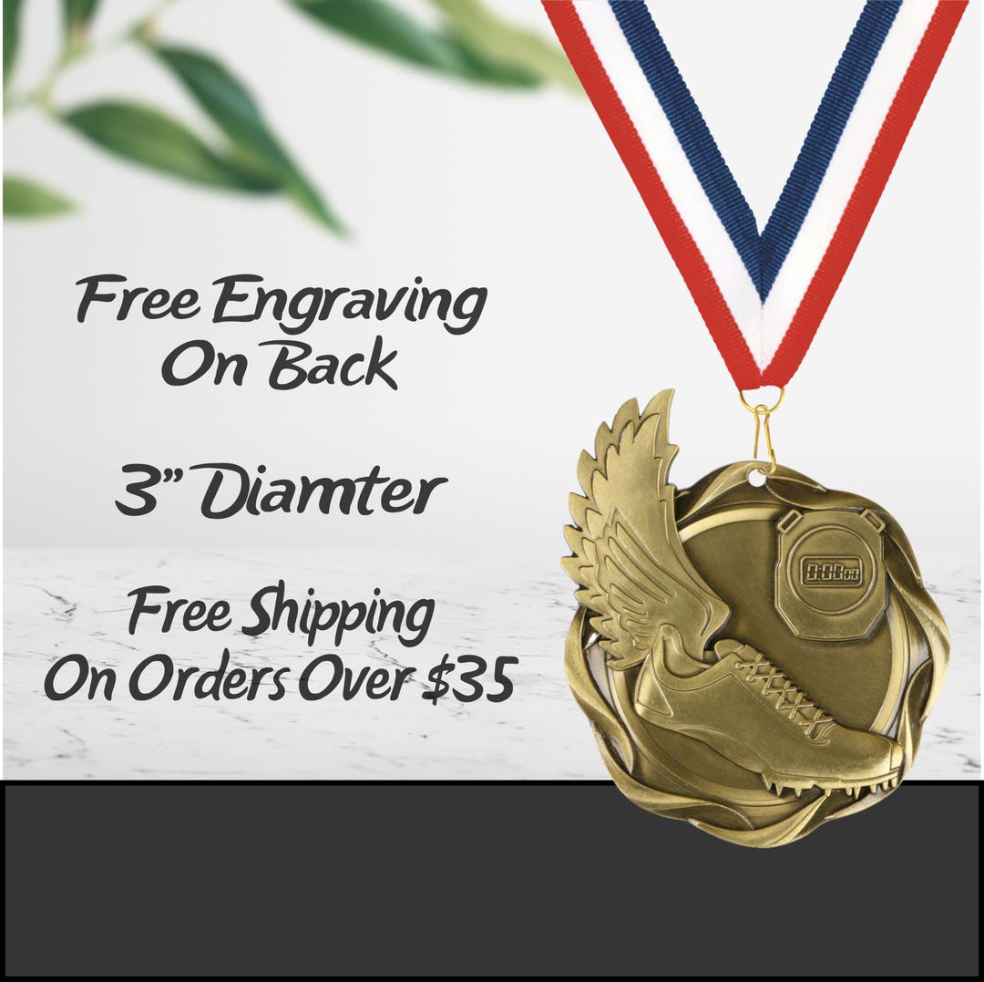 3" Custom Engraved Track or Cross Country Medal With Neck Ribbon - Gold ...