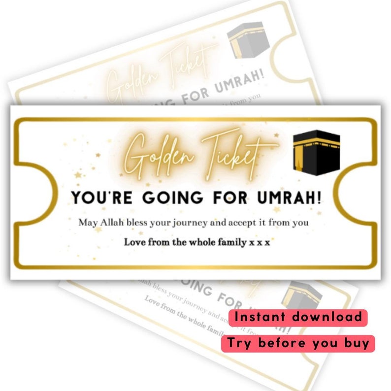 Editable Umrah Golden Ticket, Print at Home, Digital Gift Voucher ...