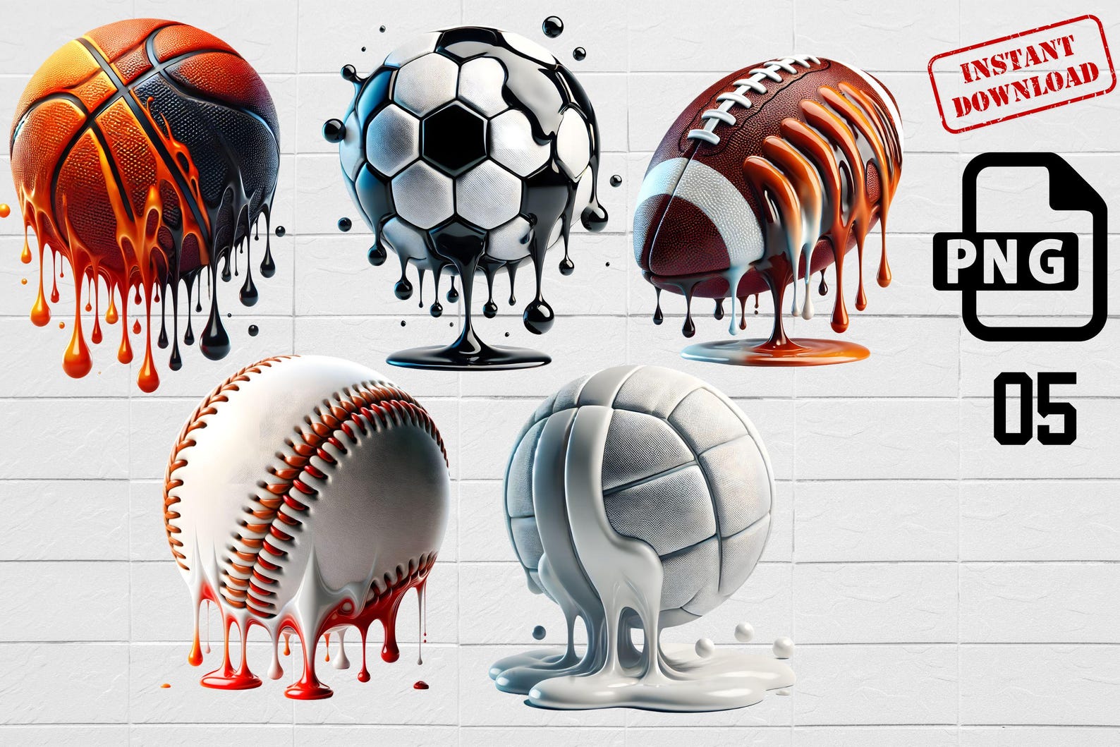 Dripping Sports Ball PNG Bundle: Sublimation Clipart (instant Download ...