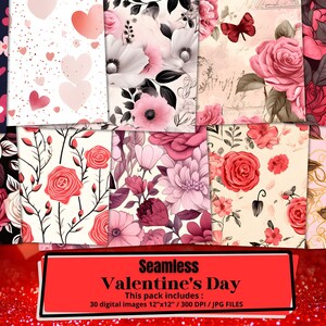 Valentine's Day Digital Paper: Heart & Flower Patterns (JPG) - Etsy