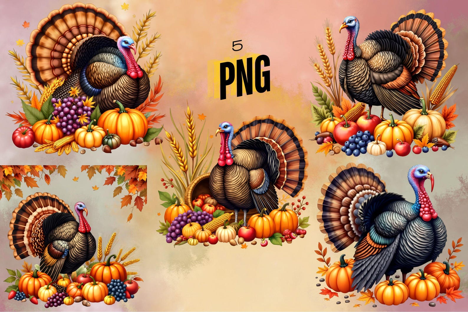 Thanksgiving Sublimation PNG Turkey With Pumpkins and Cornucopia Fall ...