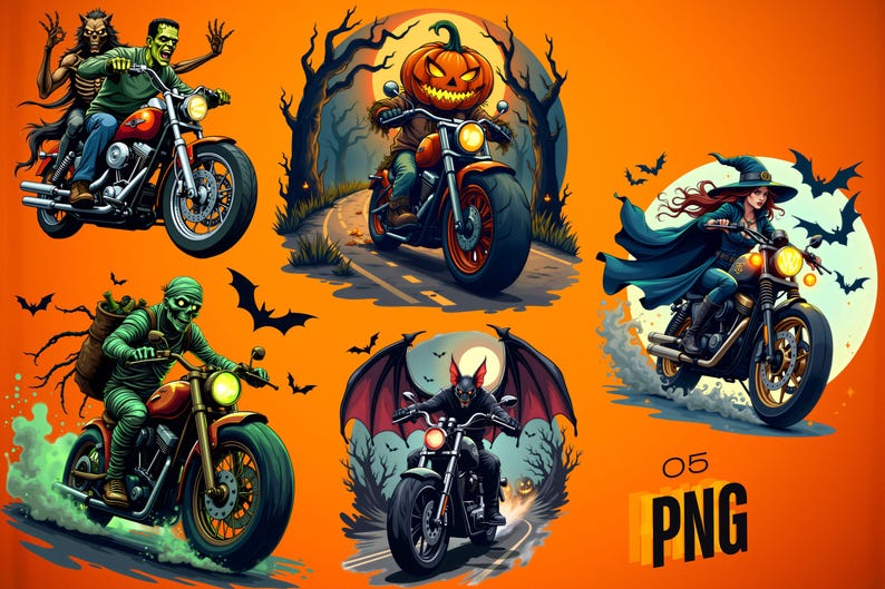 Spooky Halloween Motorcycle Riders PNG Bundle Witch, Pumpkin Head ...