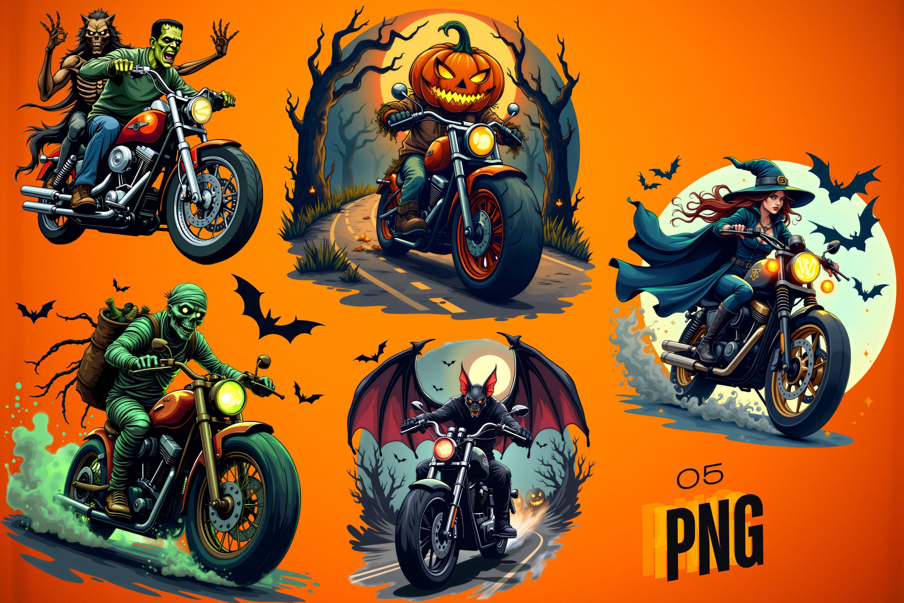 Spooky Halloween Motorcycle Riders PNG Bundle Witch, Pumpkin Head ...