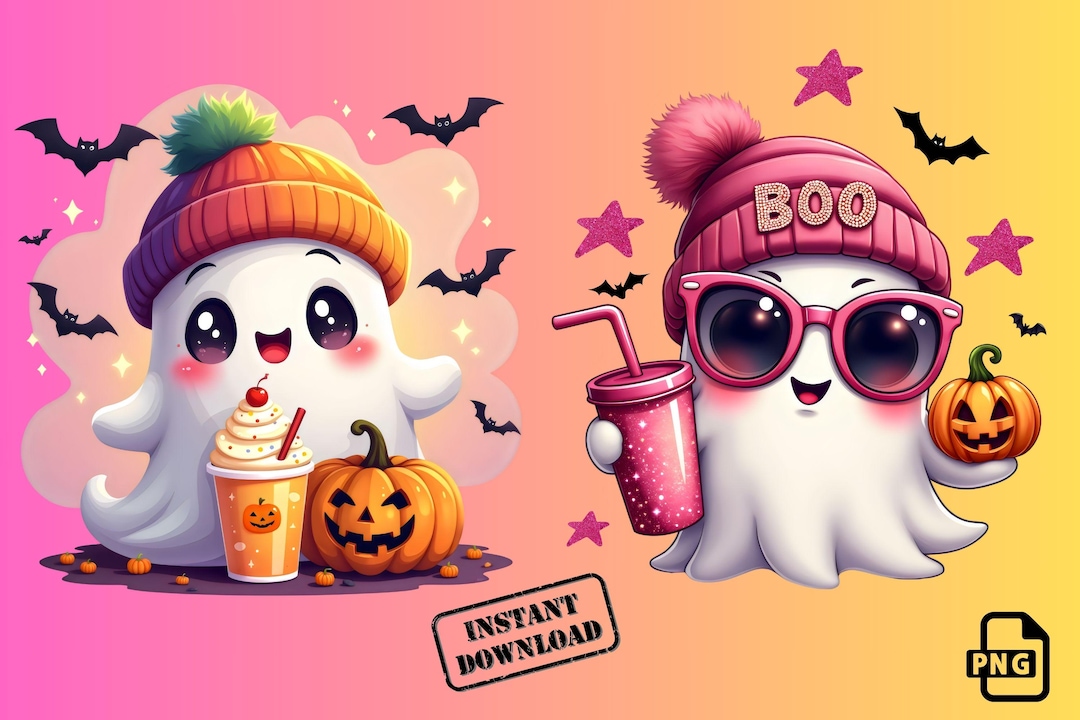 Cute Halloween Ghosts PNG | Adorable Ghosts With Beanies, Pumpkins, and ...