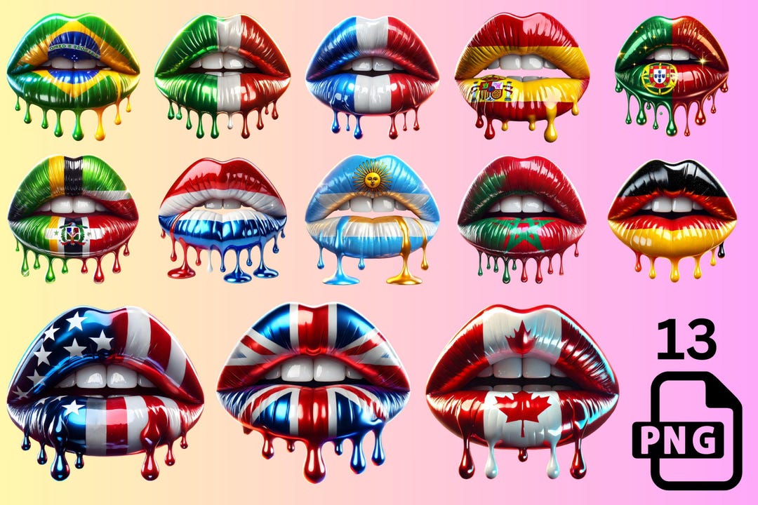 Trendy Dripping Flag Lips PNG Pack,13 International Flags | Vibrant Lip ...