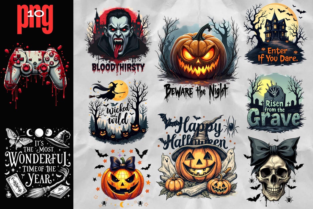 Spooky Halloween PNG Bundle, Creepy Vampire, Witch, Skull Designs ...