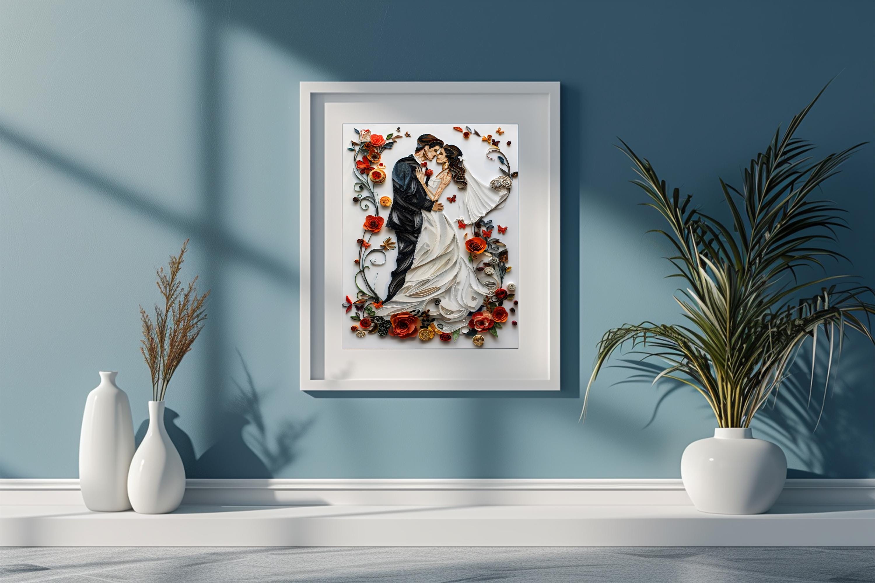 Romantic Wedding Couple Paper Quilling Wall Art Handmade 3D Art Digital ...
