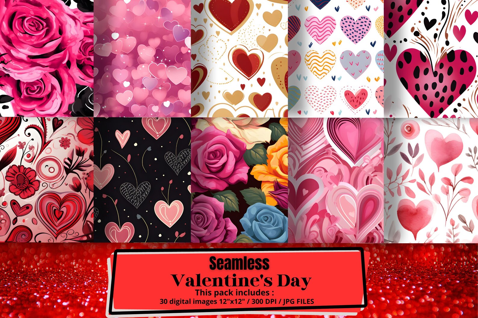 Valentine's Day Digital Paper: Heart & Flower Patterns (JPG) - Etsy