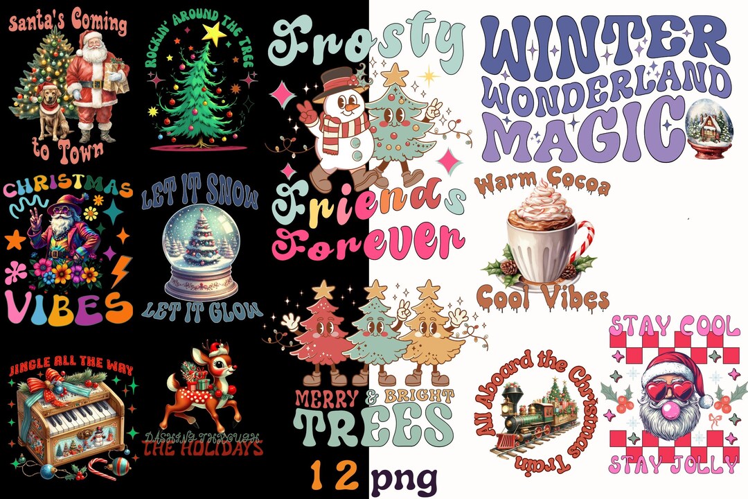 Retro Christmas Clipart Bundle, Groovy Santa, Winter PNG (digital ...