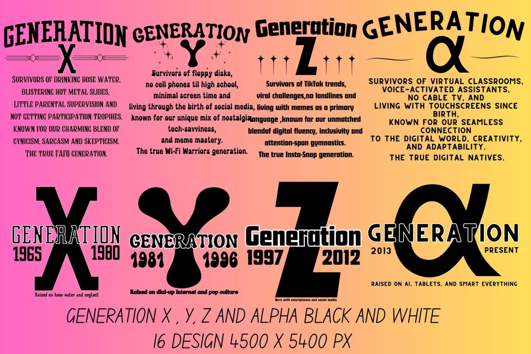 Generations X, Y, Z & Alpha PNG Bundle: Retro Designs (digital Download ...