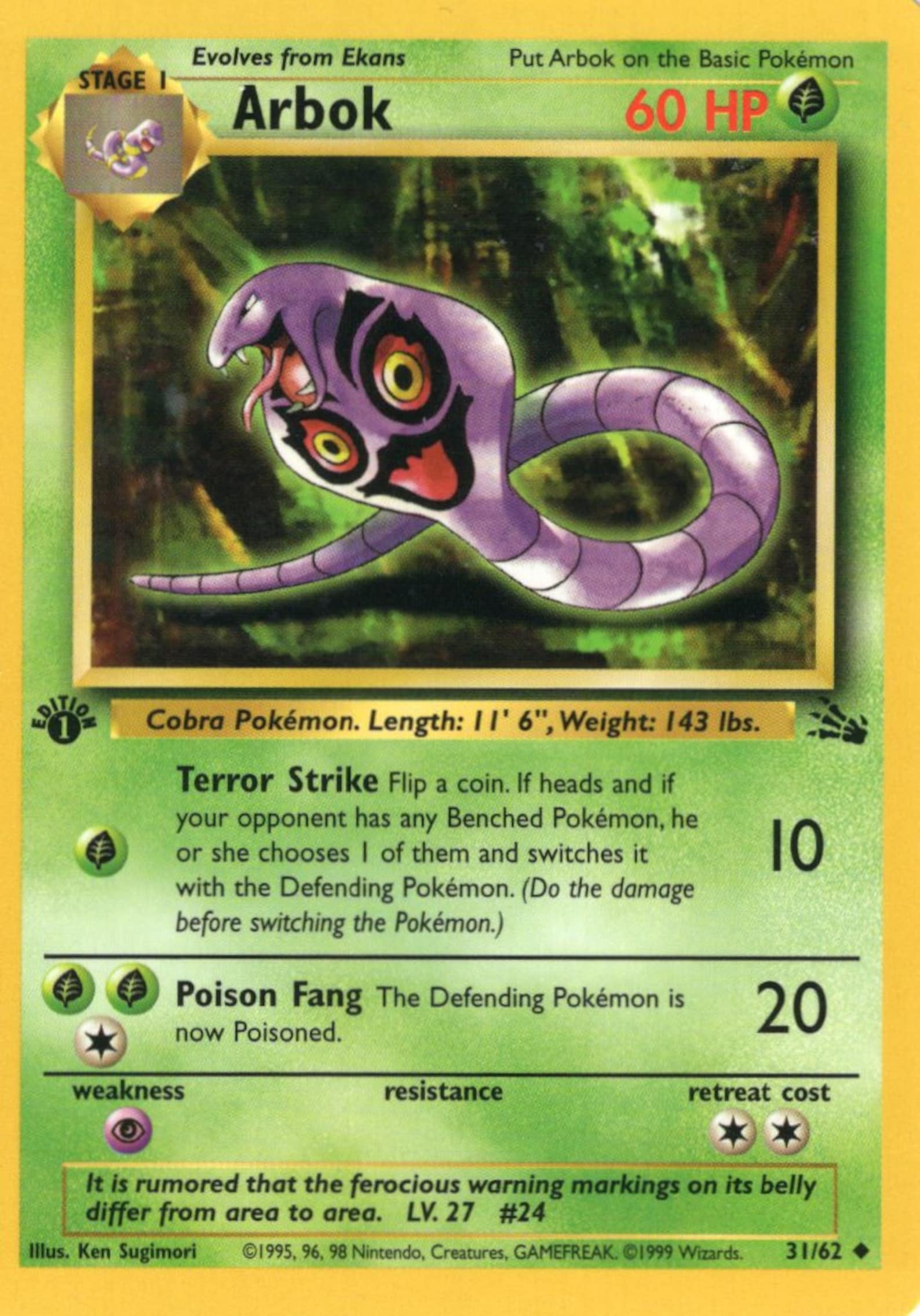 Arbok 31/62 1st Edition Fossil Pokemon Card 1999 NM - Etsy UK