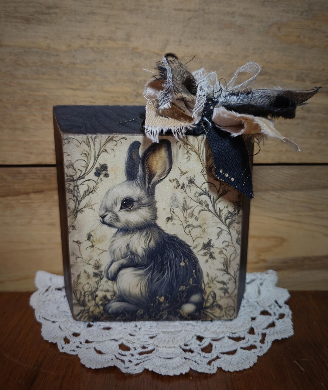 Medium Wooden Block - Vintage Scroll Floral Bunny - Rustic - Shabby ...