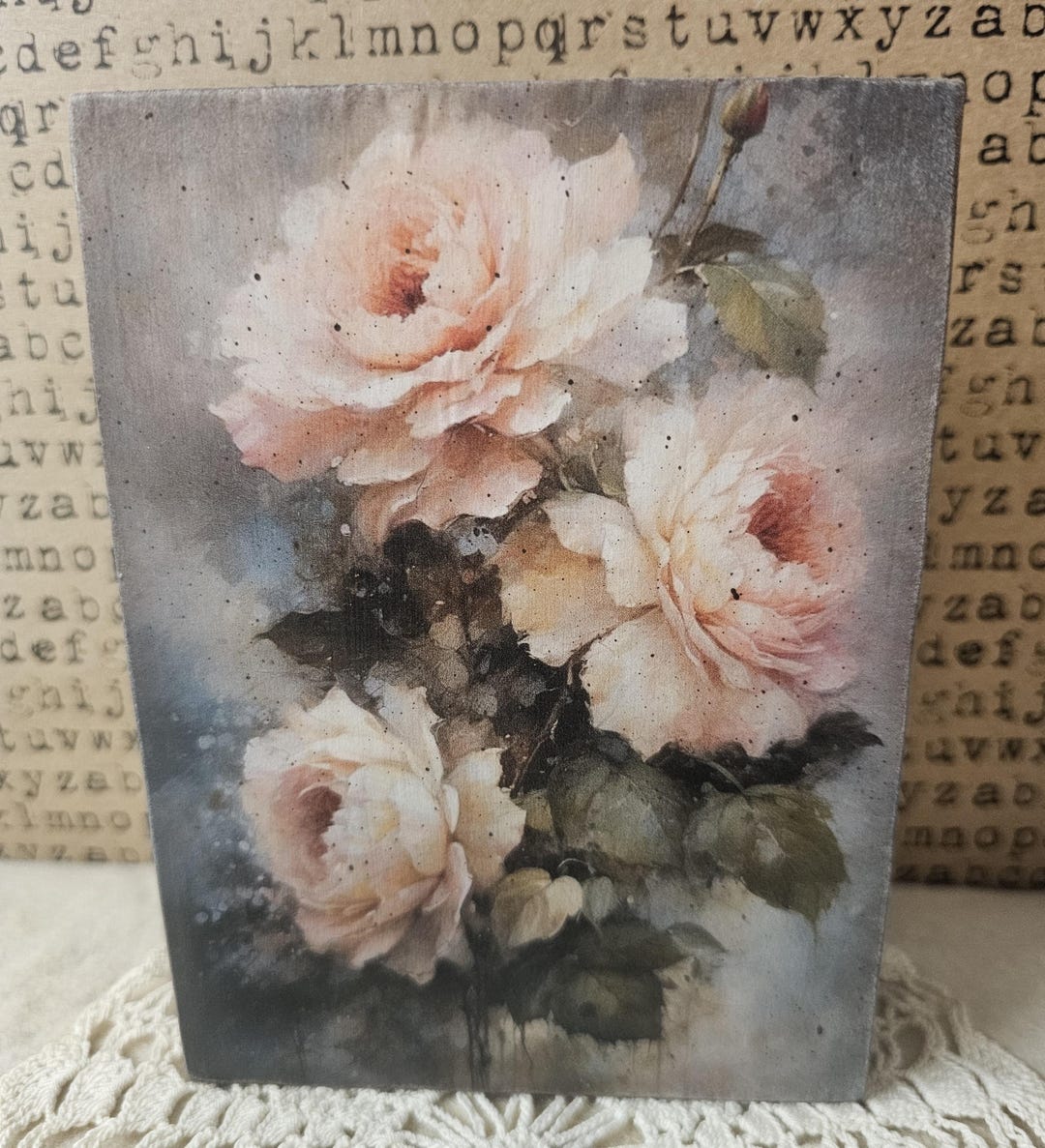 Medium Wooden Block Chunky Roses Rustic Shabby Chic Spring Floral ...
