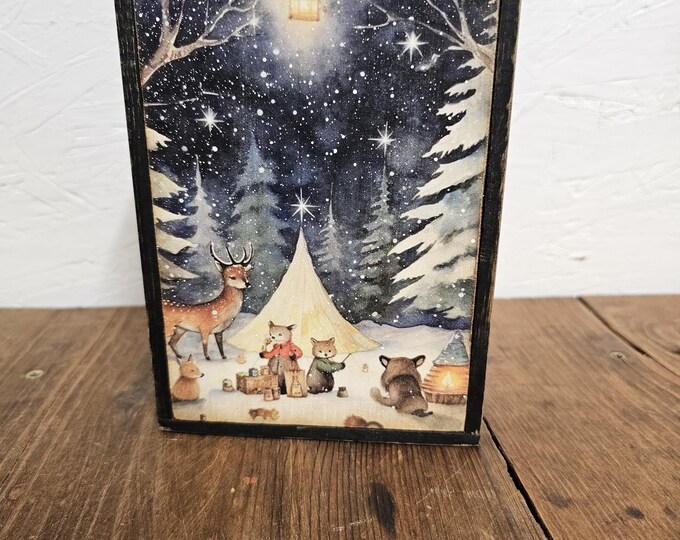 Medium Wooden Block Chunky Rustic Shabby Chic Winter Forrest Animals ...