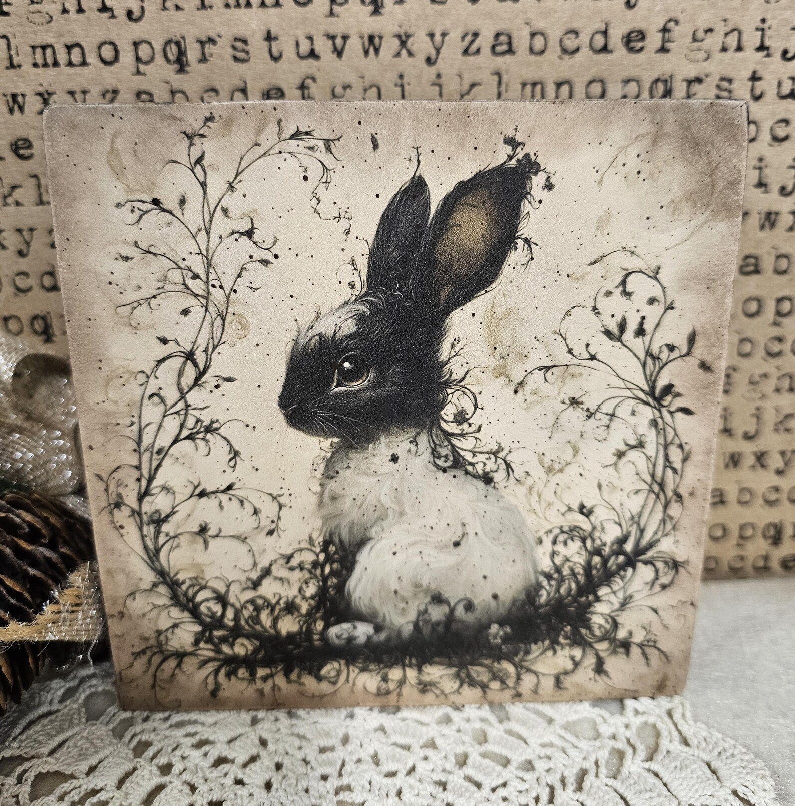 Medium Wooden Block - Vintage Scroll Floral Bunny - Rustic - Shabby ...