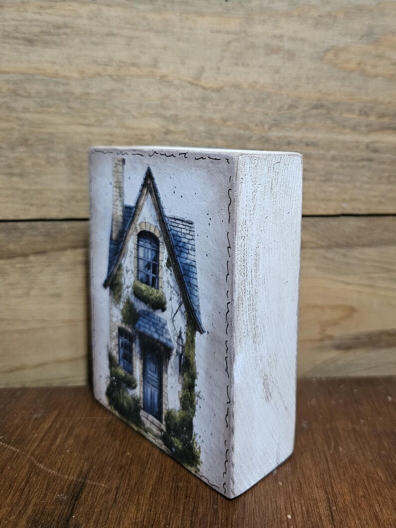 Medium Wooden Block - Cottage House With Blue Door - Rustic - Shabby ...