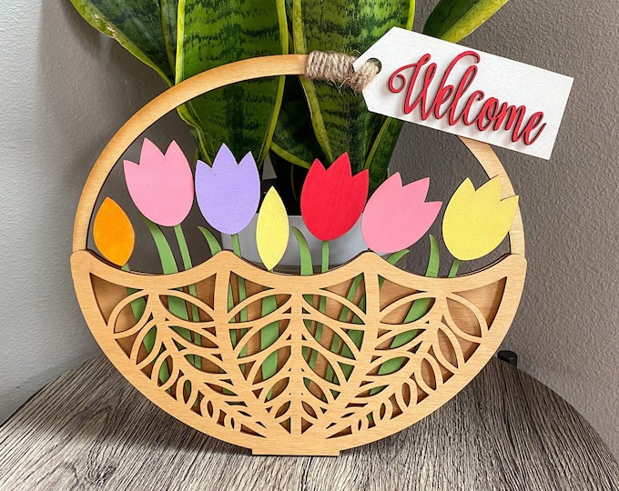 Tulip Welcome Basket, Spring Welcome Sign, Spring Welcome Basket, Tulip ...