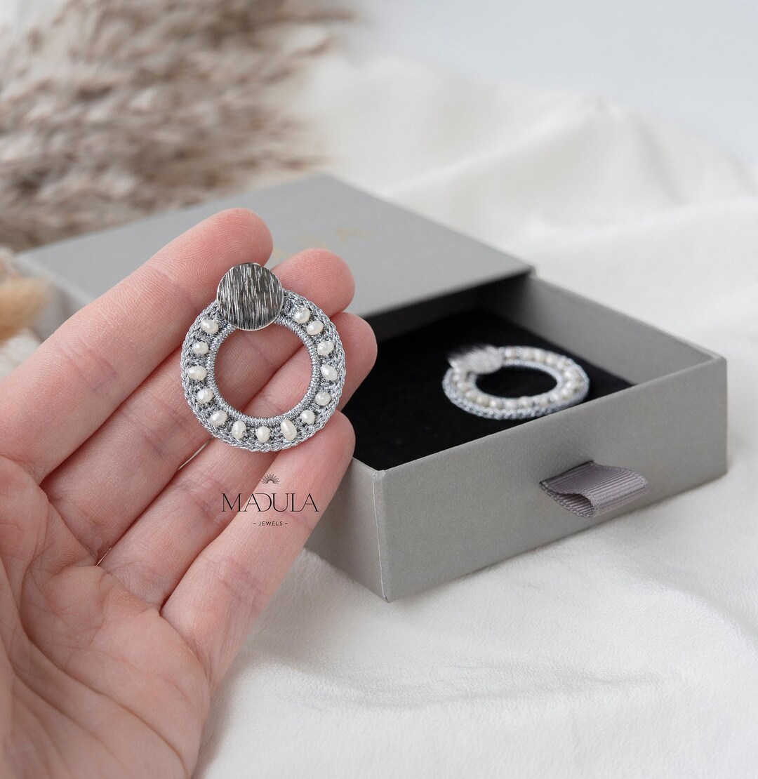 Tamara Earrings Silver Plated Brass Hoops With Embroidered River Pearls ...