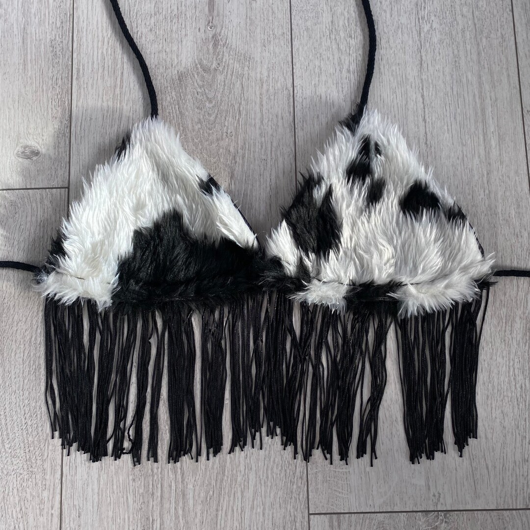 MADE TO ORDER Black Cow Print Fringe Faux Fur Triangle Bra Top - Etsy UK