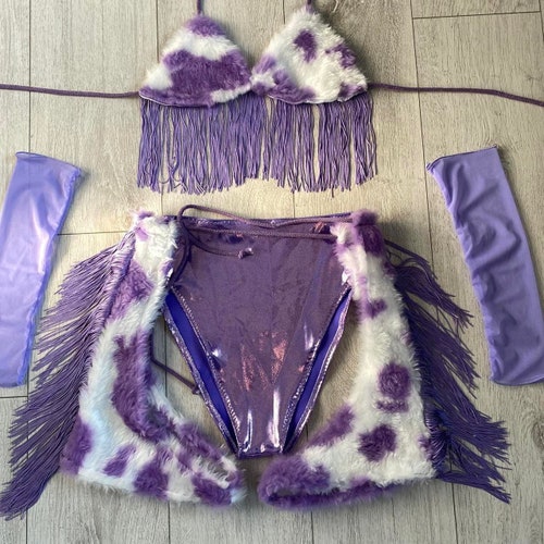 Purple Cow Print Fringe Faux Fur Triangle Bra Top / Halter Top - Etsy