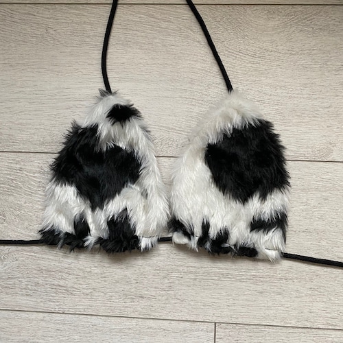 Purple Cow Print Fringe Faux Fur Triangle Bra Top / Halter Top - Etsy