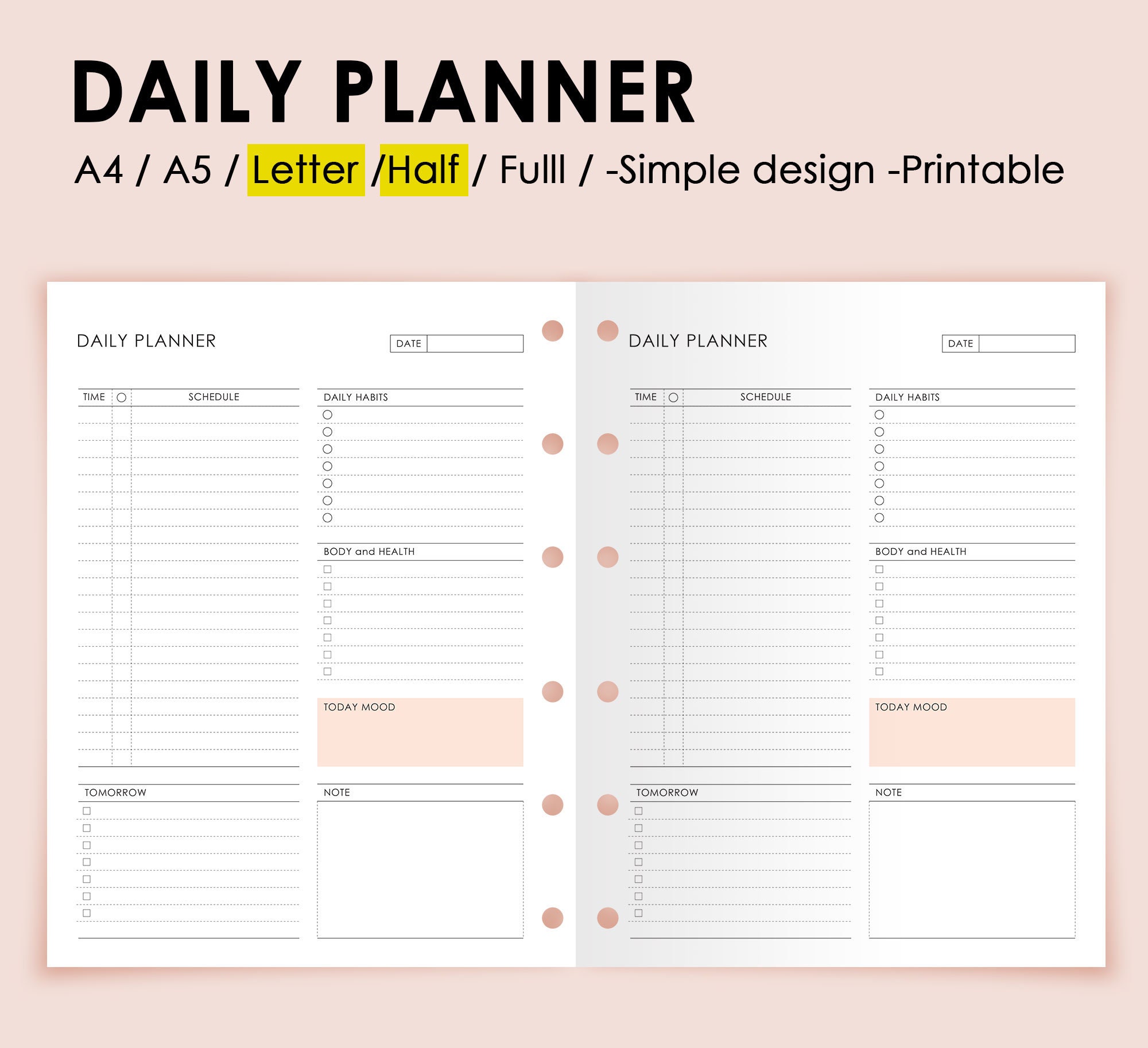 Daily Printable Digital Planner Various Size Undated PDF Etsy UK