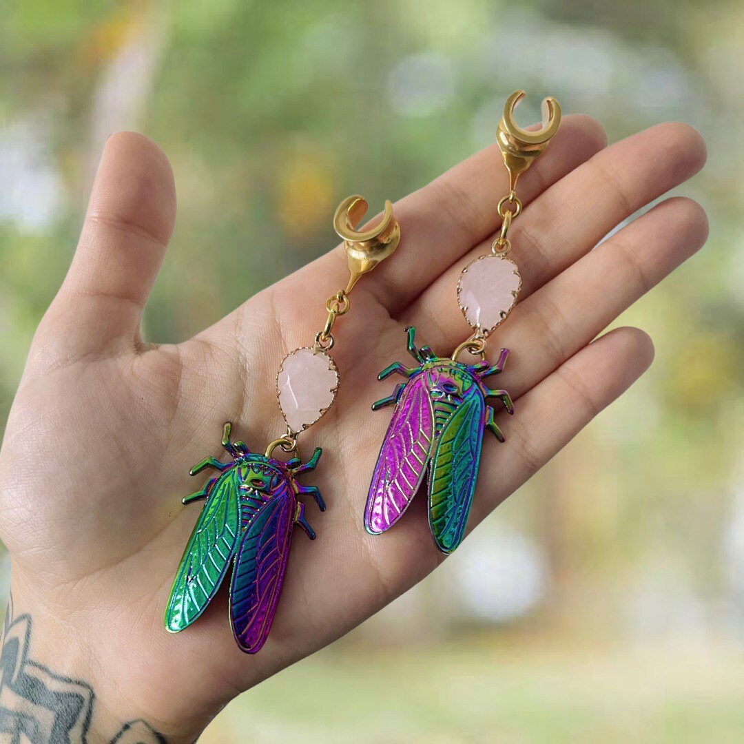 Rose Quartz and Rainbow Cicada Gauges Jewelry Ear Hangers & Weights ...