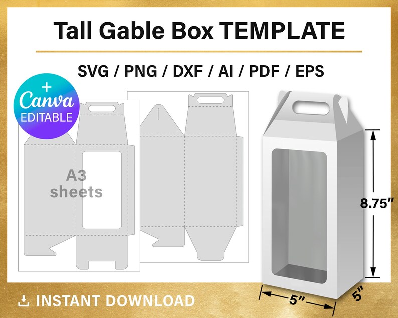 Tall Gable Box Template, With Handle, With Window, DIY Gift Box, 5 X 5 ...