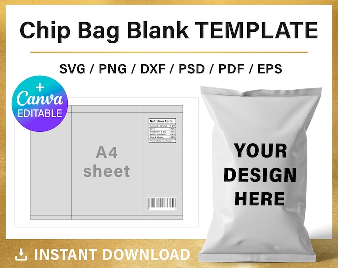 Chip Bag, Blank Template, A4 Sheet, Potato Chip Bag, Custom, DIY, Svg ...