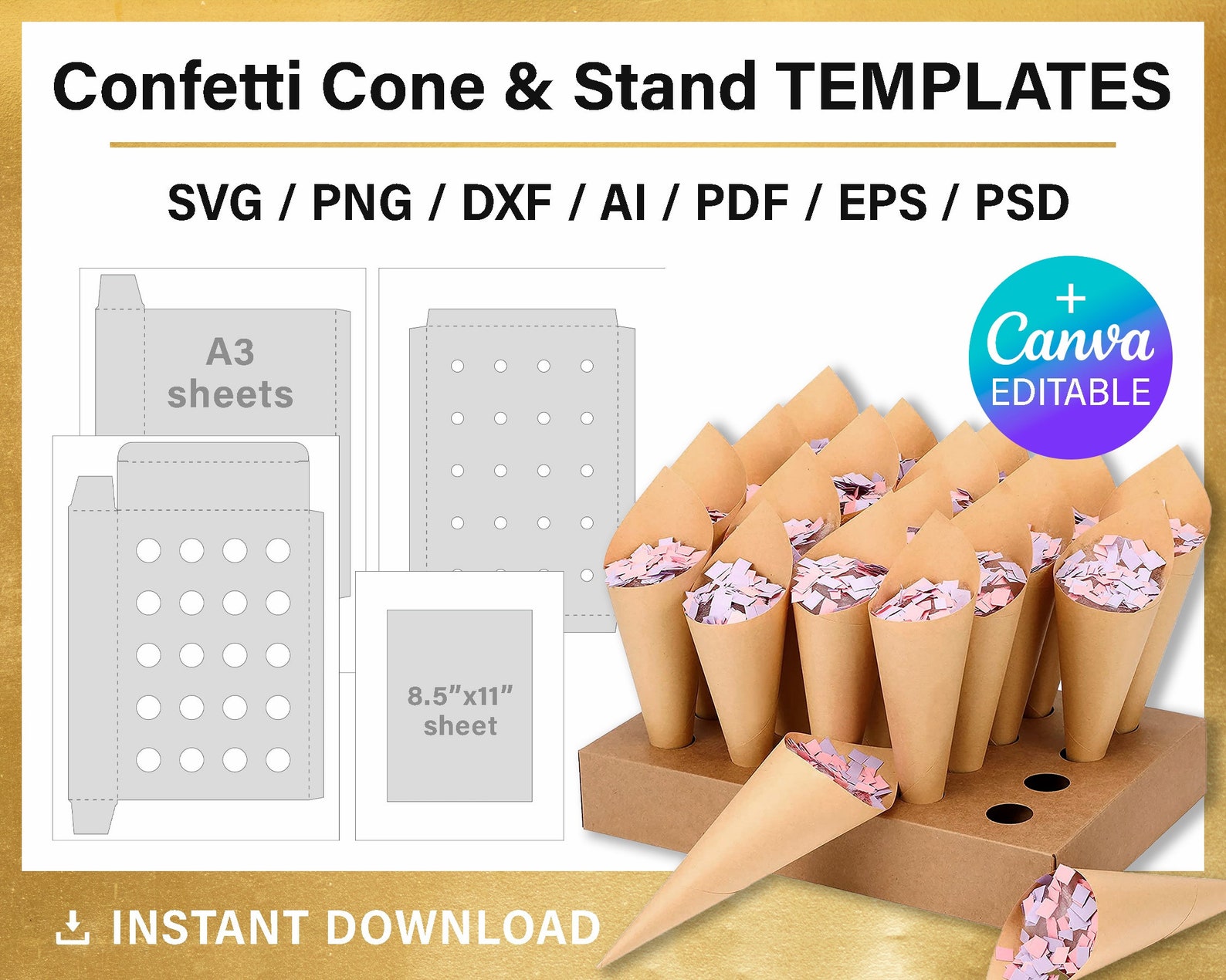 DIY Confetti Cones Holder Template + Cone Tray for Wedding Confetti ...