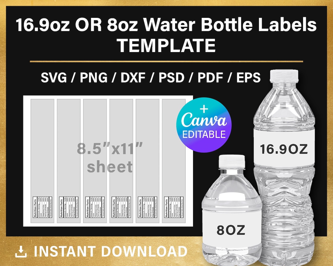 Water Bottle Label Template Bundle: 16.9oz & 8oz, Full Wrap (SVG, PNG ...
